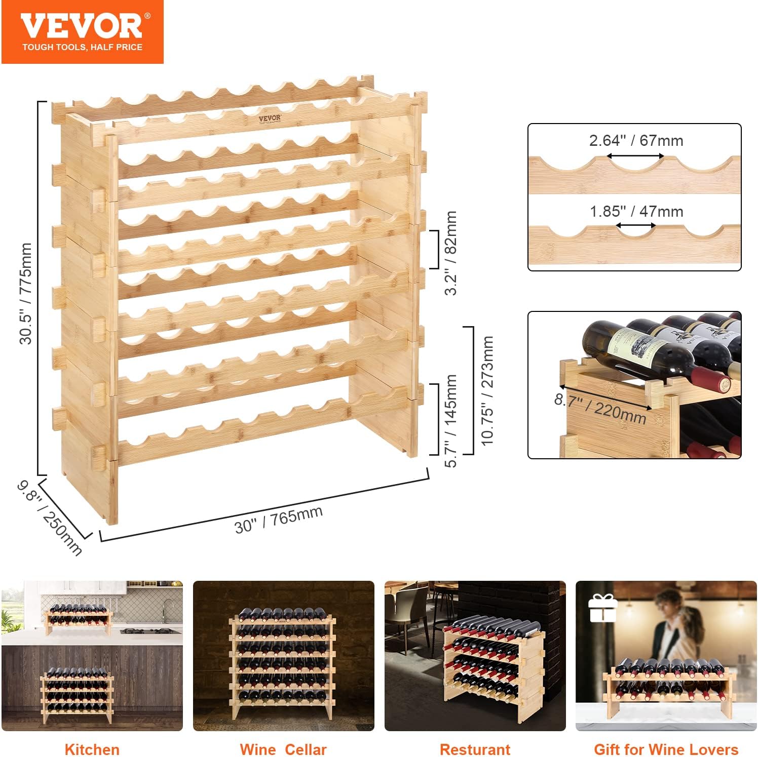 8 Bottle Wine Rack Countertop Free Standing Floor Stackable